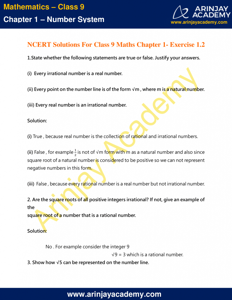 NCERT Solutions For Class 9 Maths Chapter 1 Exercise 1.2 - Number System