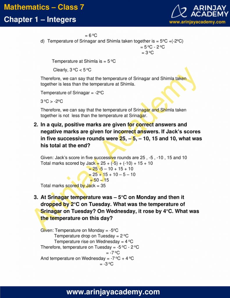 NCERT Solutions for Class 7 Maths Chapter 1 Integers - Arinjay Academy