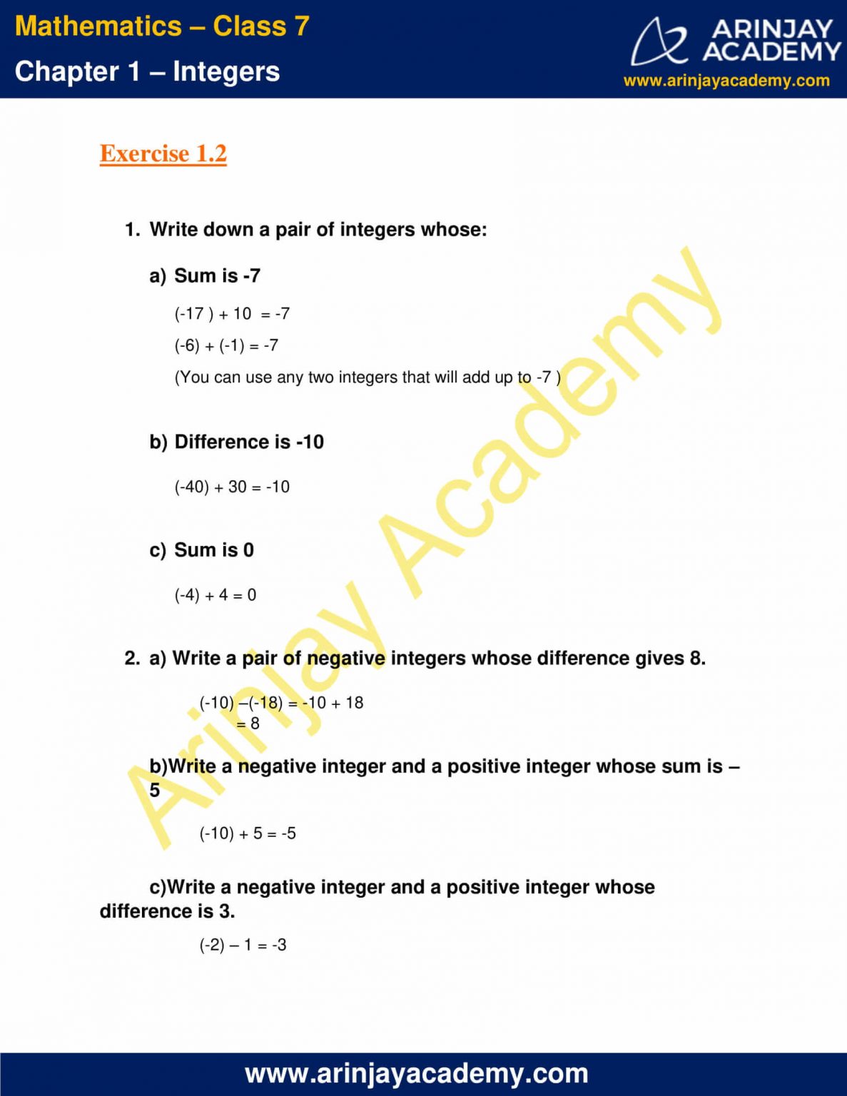 NCERT Solutions for Class 7 Maths Chapter 1 Integers - Arinjay Academy