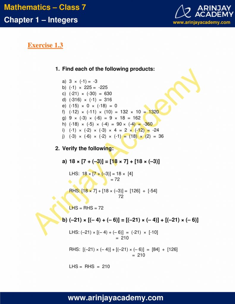 NCERT Solutions for Class 7 Maths Chapter 1 Integers - Arinjay Academy