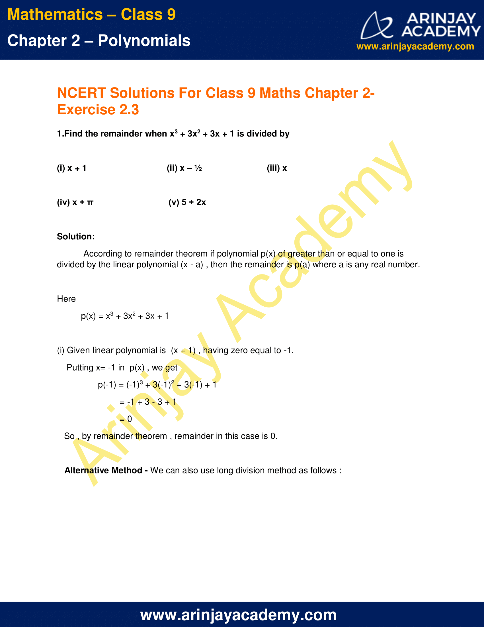 NCERT Solutions For Class 9 Maths Chapter 2 Exercise 2 3 Polynomials