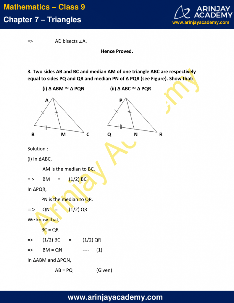 NCERT Solutions for Class 9 Maths Chapter 7 Exercise 7.3 - Triangles