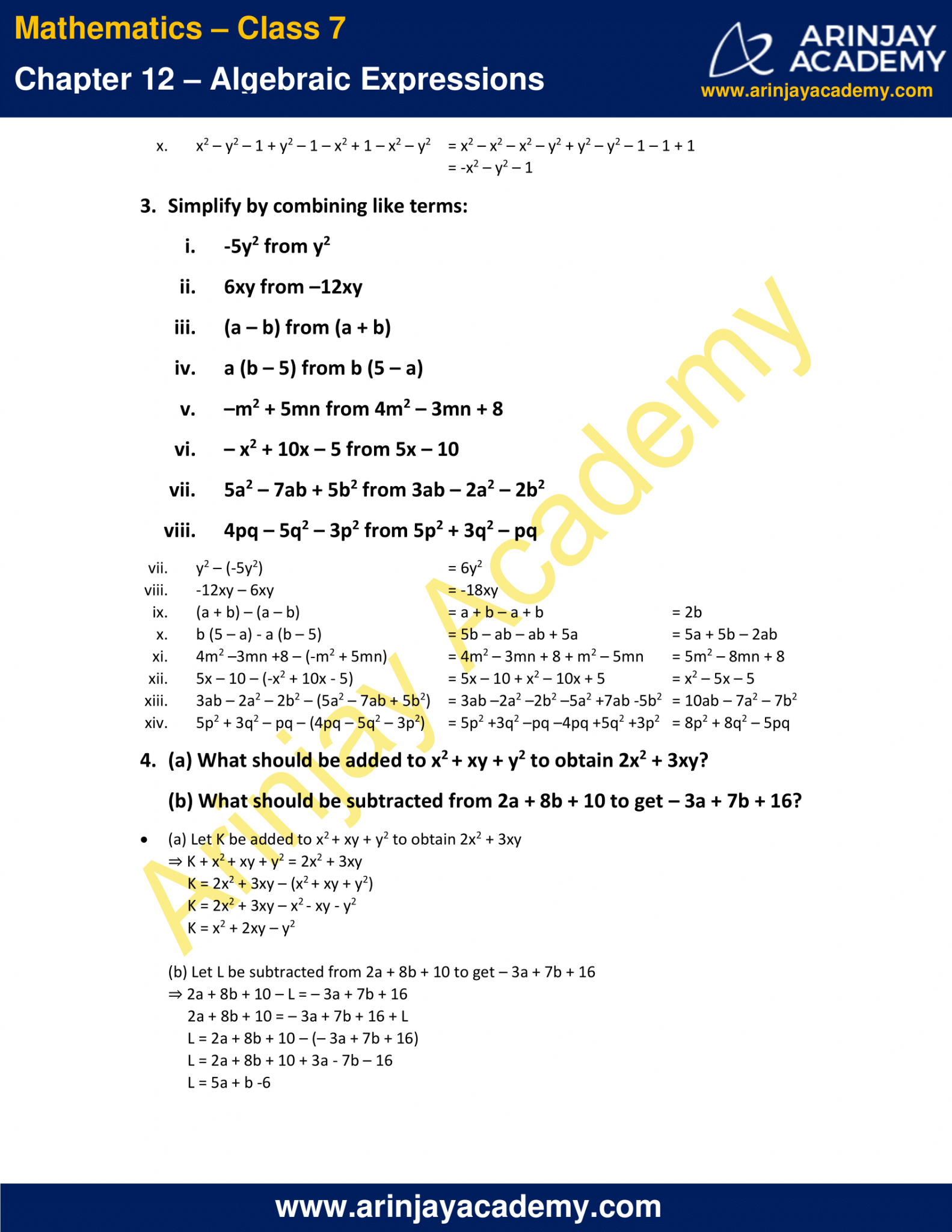 NCERT Solutions for Class 7 Maths Chapter 12 - Algebraic Expressions