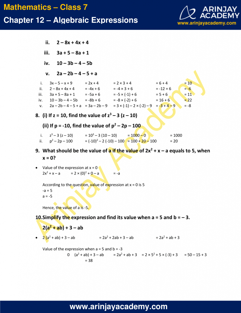 NCERT Solutions for Class 7 Maths Chapter 12 - Algebraic Expressions