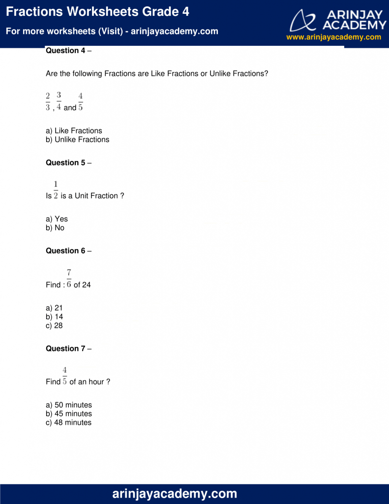 Fractions Worksheets Grade 4 - Free Printable - Arinjay Academy