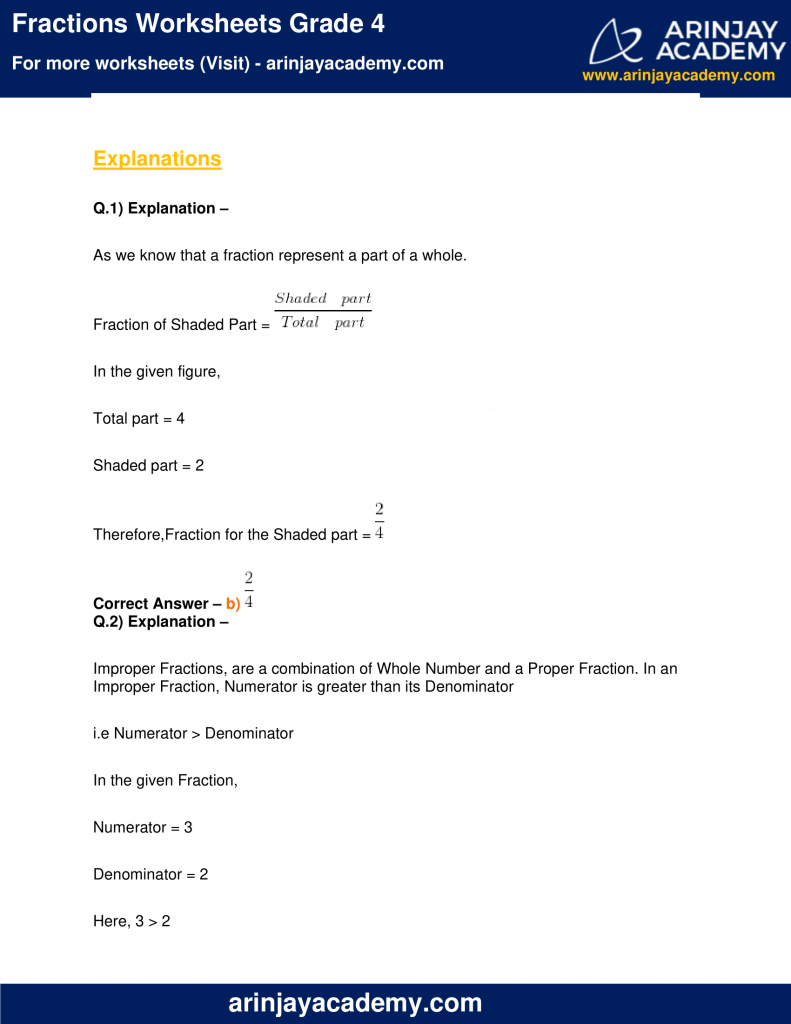 Fractions Worksheets Grade 4 - Free Printable - Arinjay Academy
