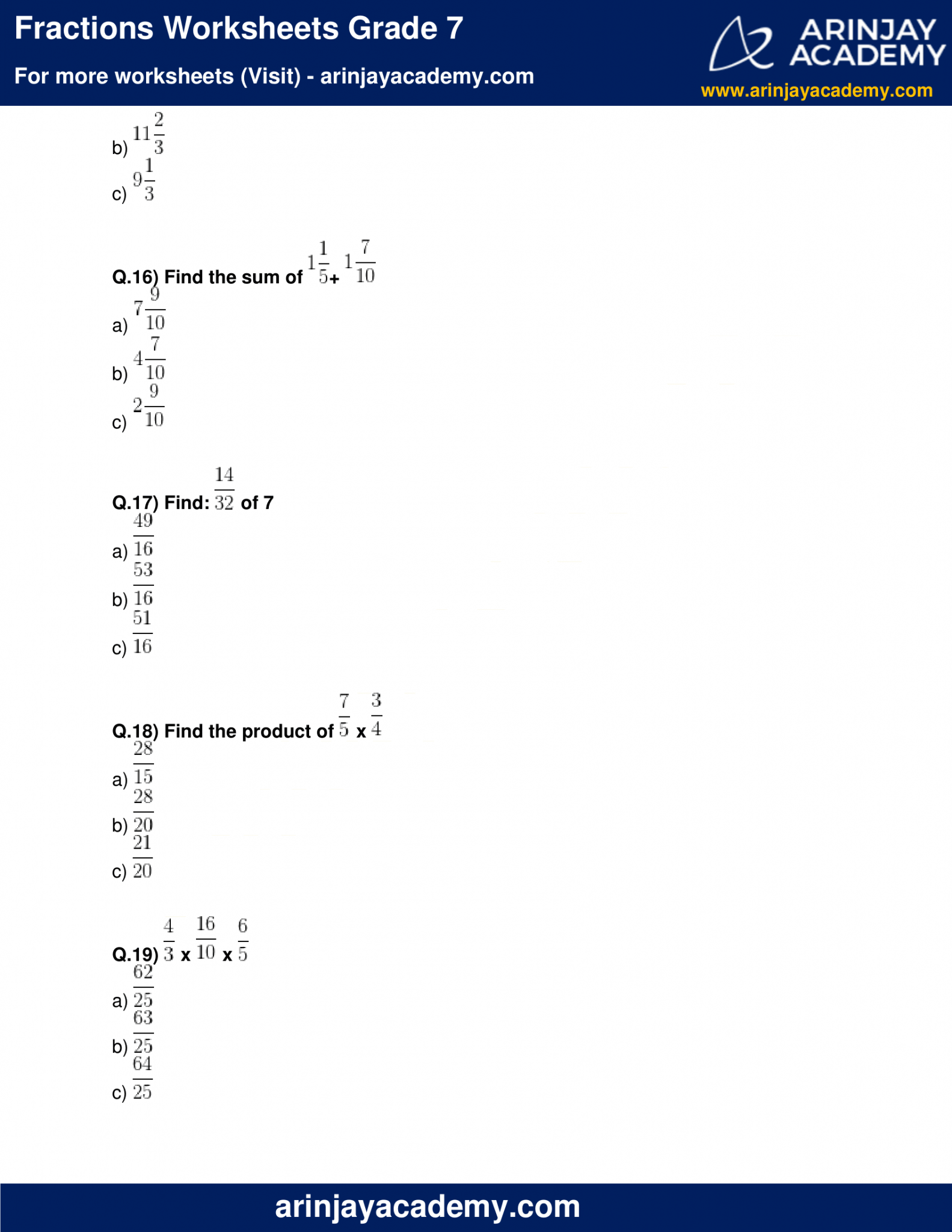 Fractions Worksheets Grade 7