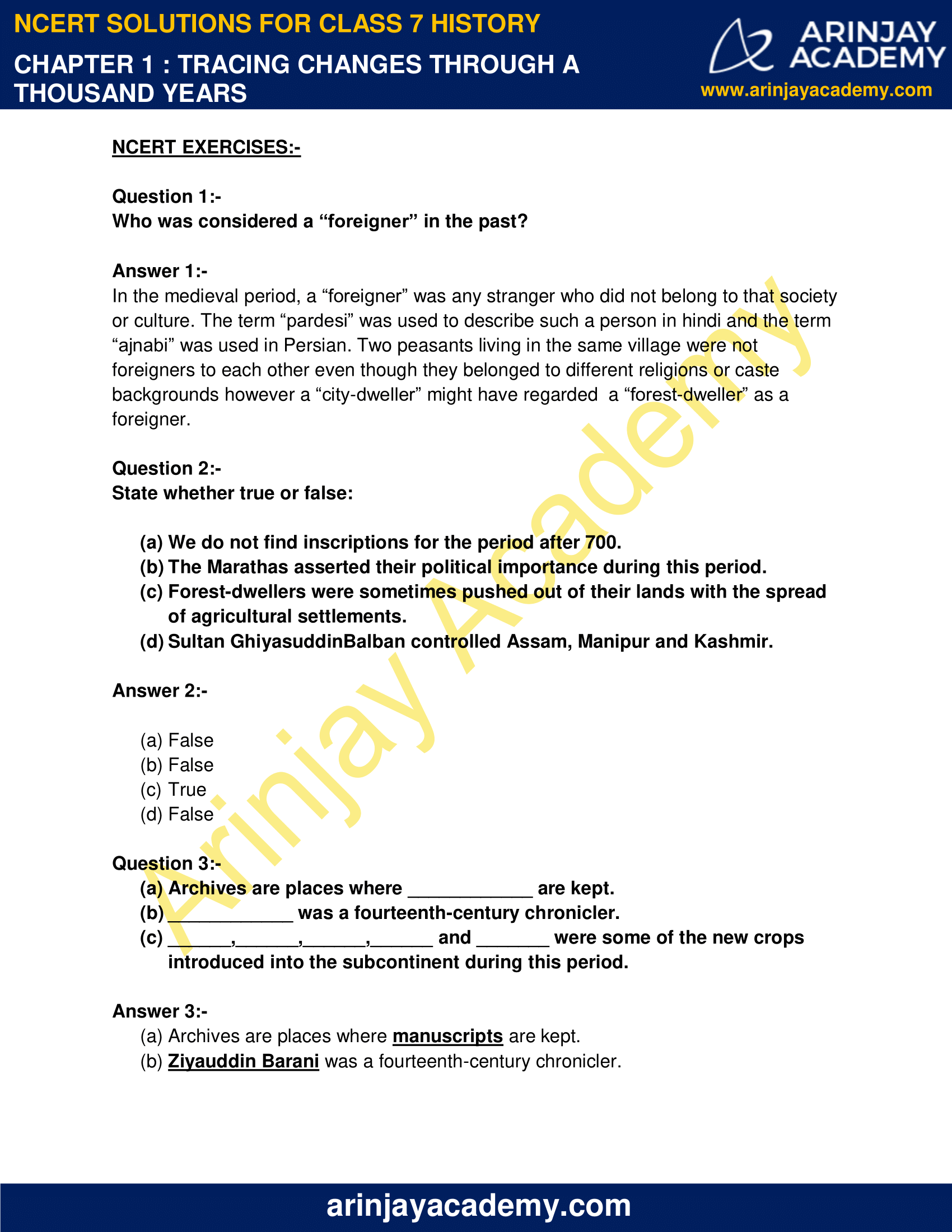 NCERT Solutions For Class 7 History Chapter 1 Arinjay Academy NCERT Solutions For Class 7 History Chapter 1 Arinjay Academy