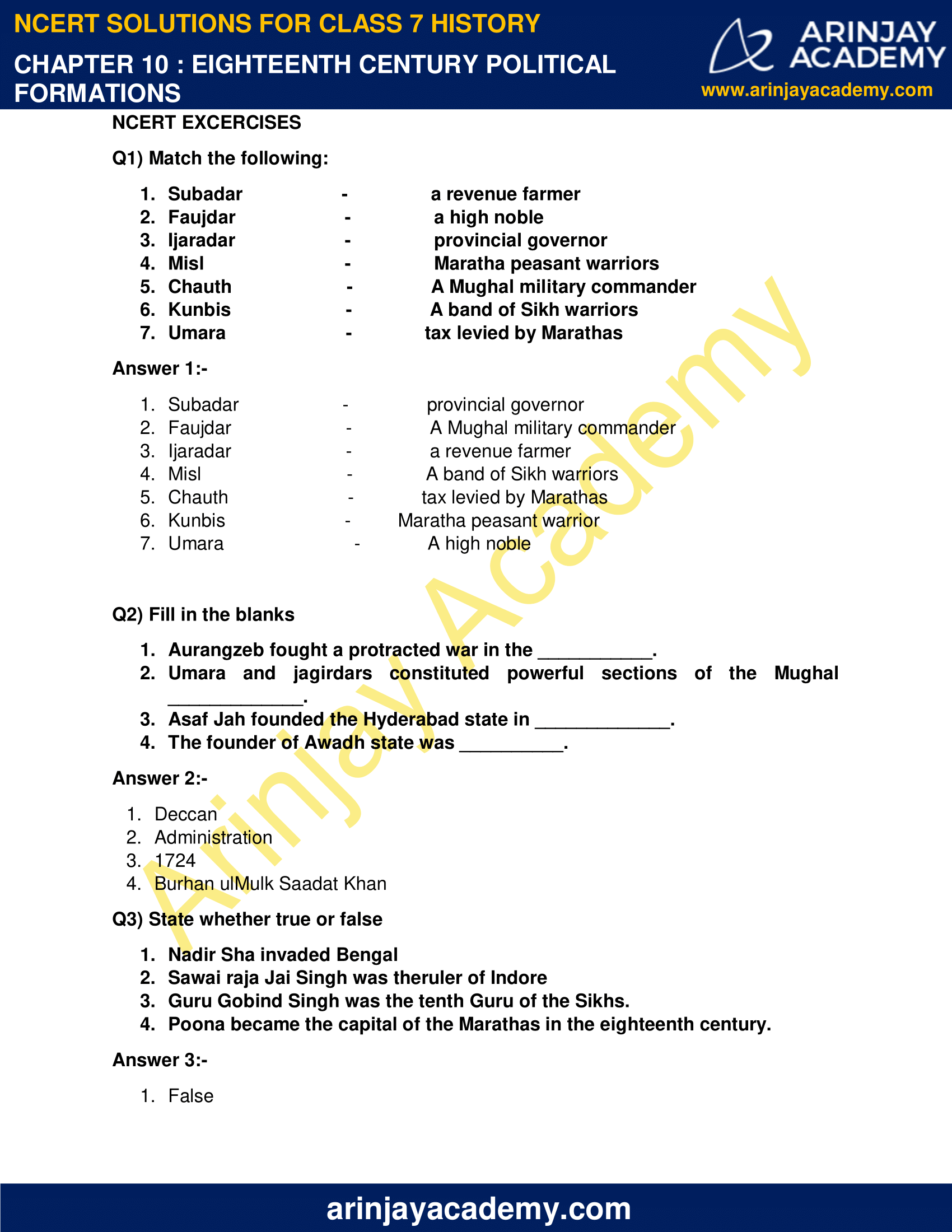 NCERT Solutions For Class 7 History Chapter 10 Arinjay Academy NCERT Solutions For Class 7 History Chapter 10 Arinjay Academy