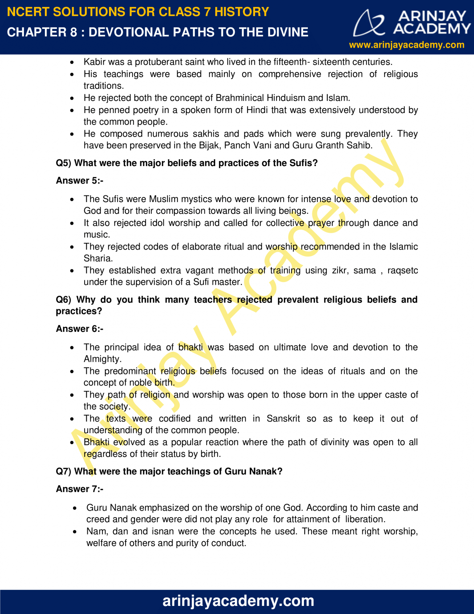 NCERT Solutions For Class 7 History Chapter 8 Devotional Paths To The