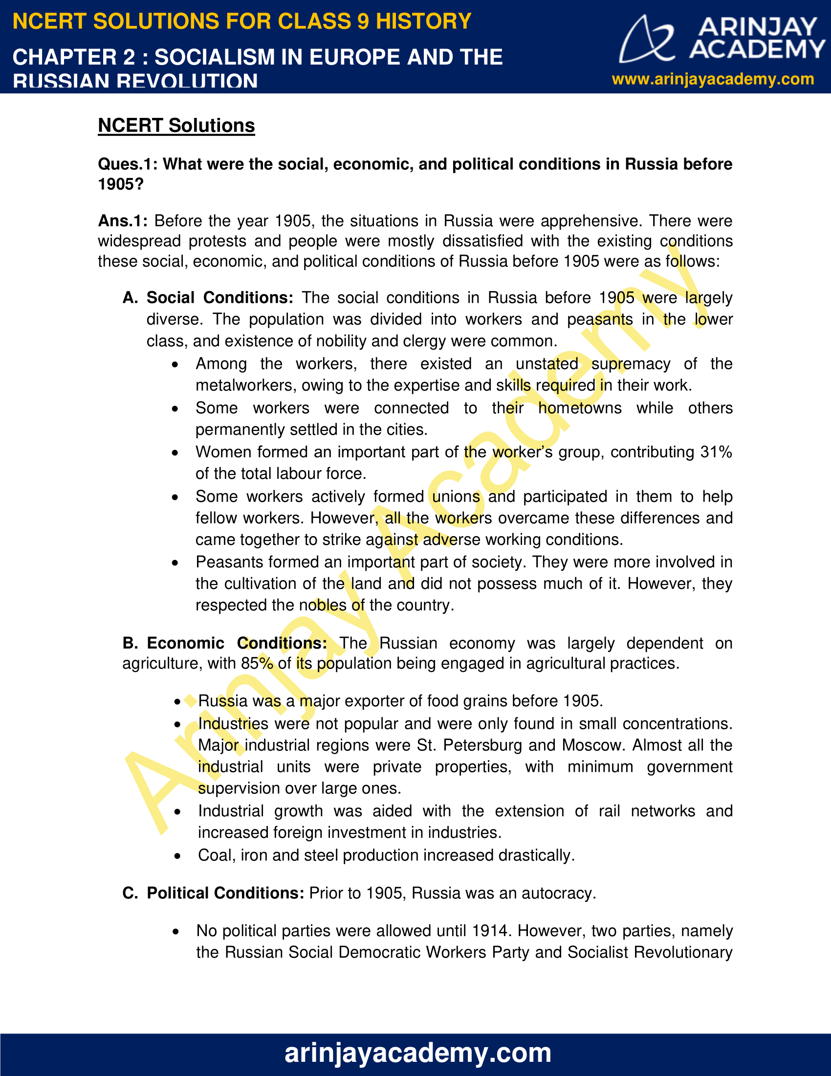 NCERT Solutions For Class 9 History Chapter 2 Arinjay Academy